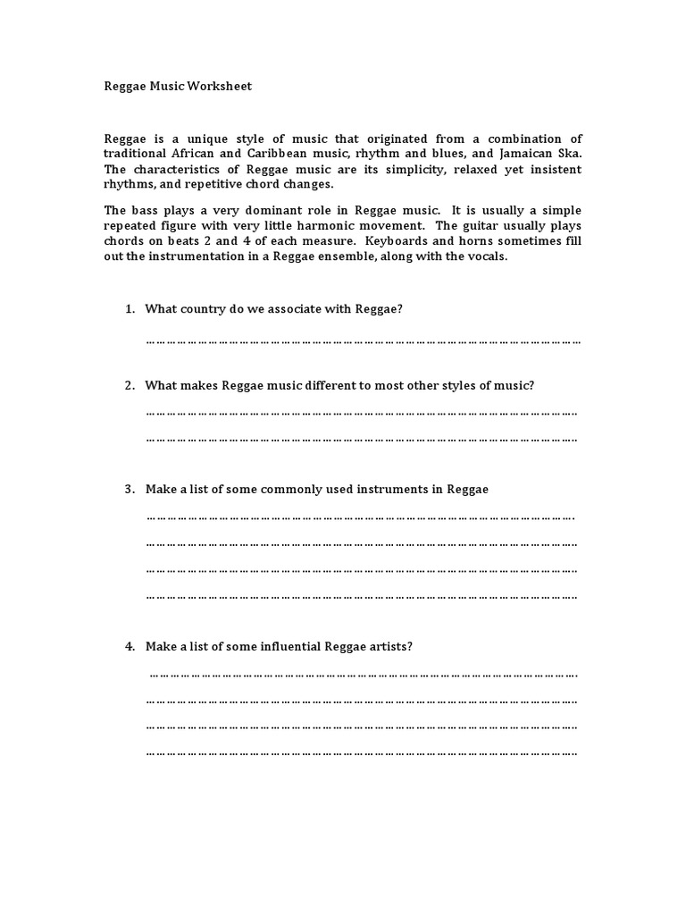 Reggae Music Worksheet | PDF | Reggae | Performing Arts
