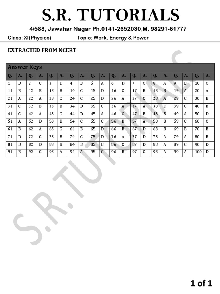 Class XI Physics: Work, Energy & Power Answers | PDF