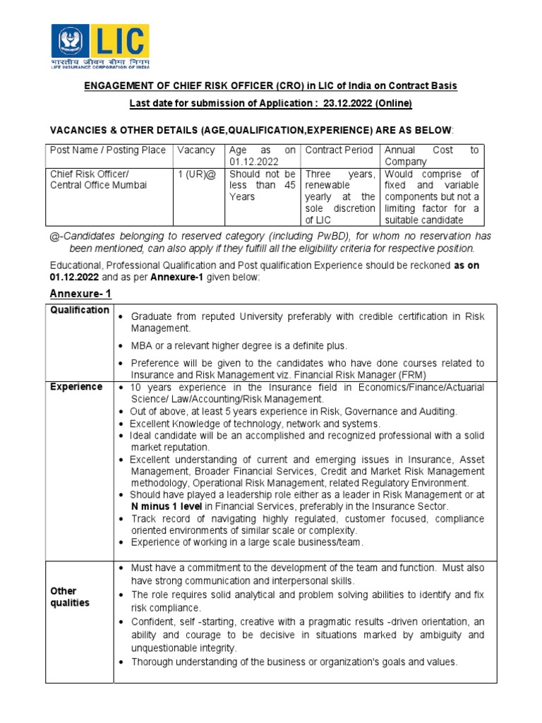 Notification Engagement of CRO | PDF | Risk Management | Risk