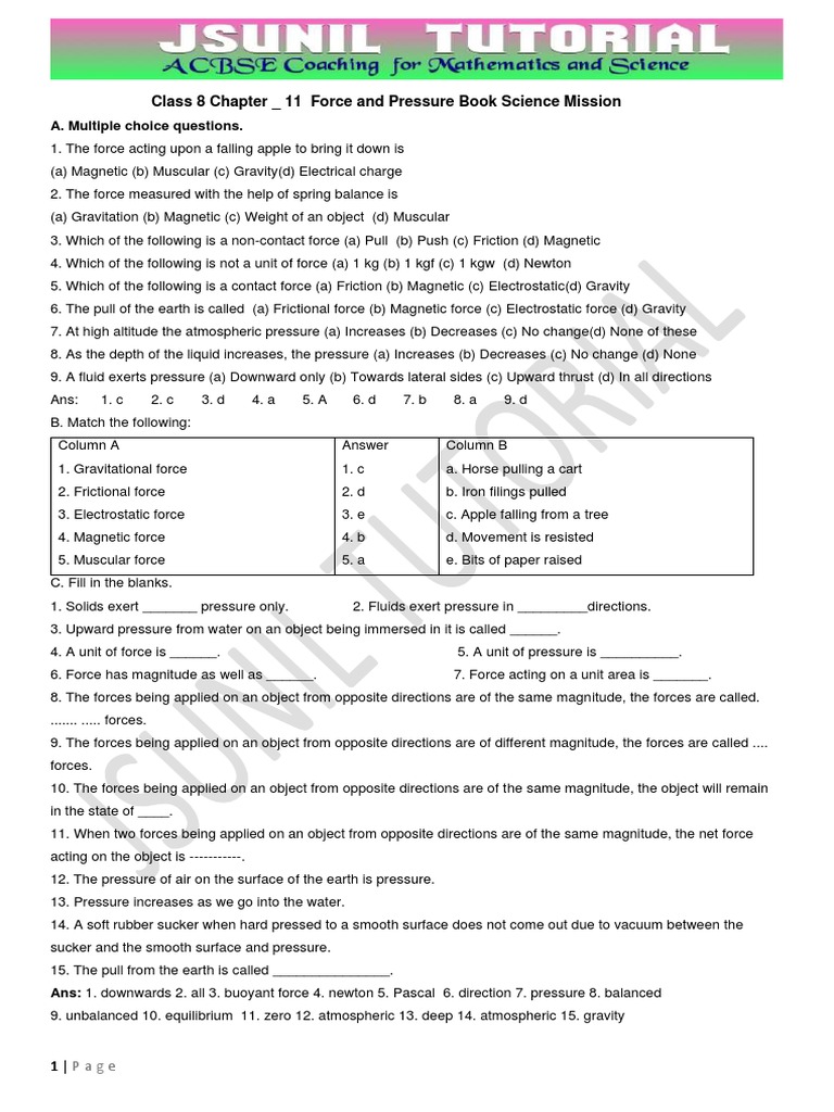 Class 8 Chapter 11 Force and Pressure Book Science Mission | PDF ...