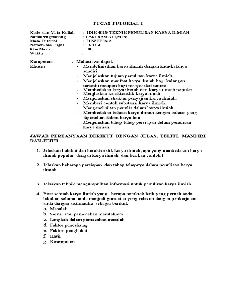 Tugas Tutorial I Teknik Penulisan Karya Ilmiah | PDF | Kajian Bahasa Asing