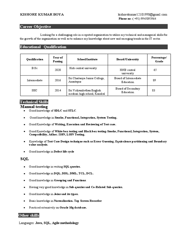 Fresher Kishore Resume | Download Free PDF | Sql | Software Development Process