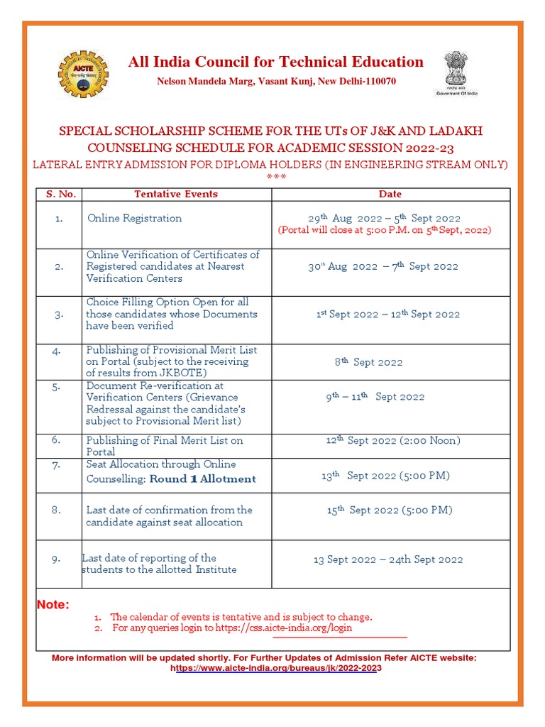 Calendar of Events For PMSSS 2022-23 Diploma | PDF