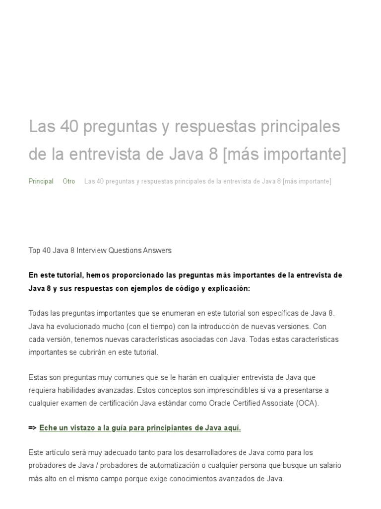 Las 40 Preguntas y Respuestas Principales de La Entrevista de Java 8 (Más Importante) - Otro ...