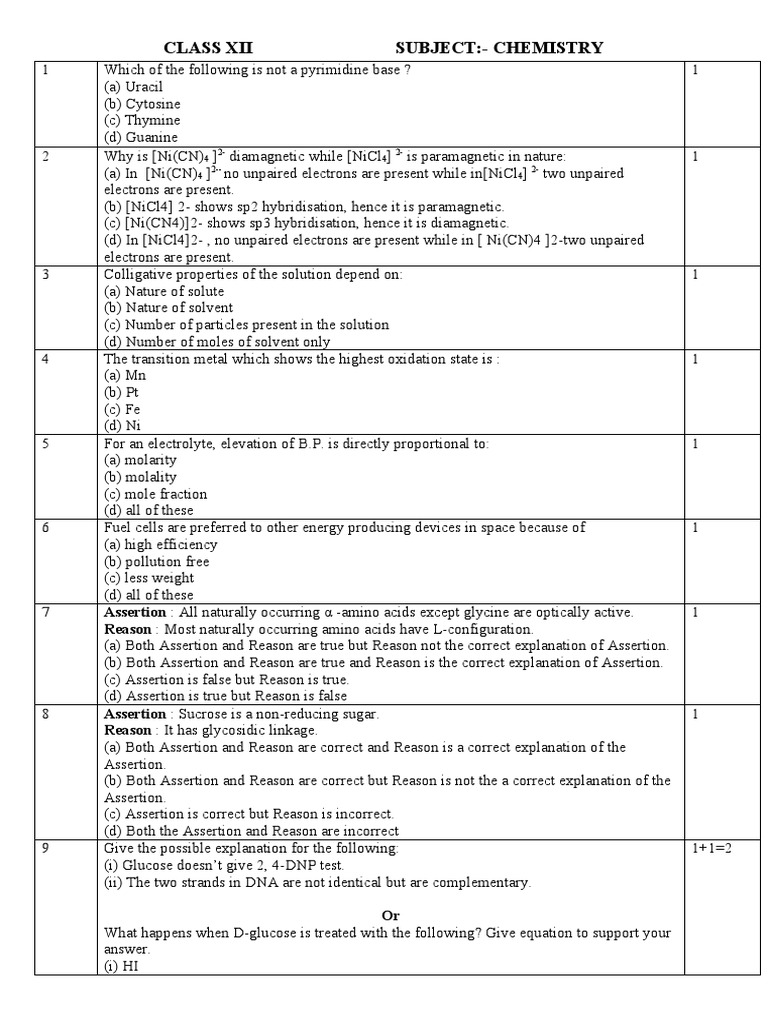 Chemistry Class 12 Practice Questions on Key Concepts | PDF | Starch ...