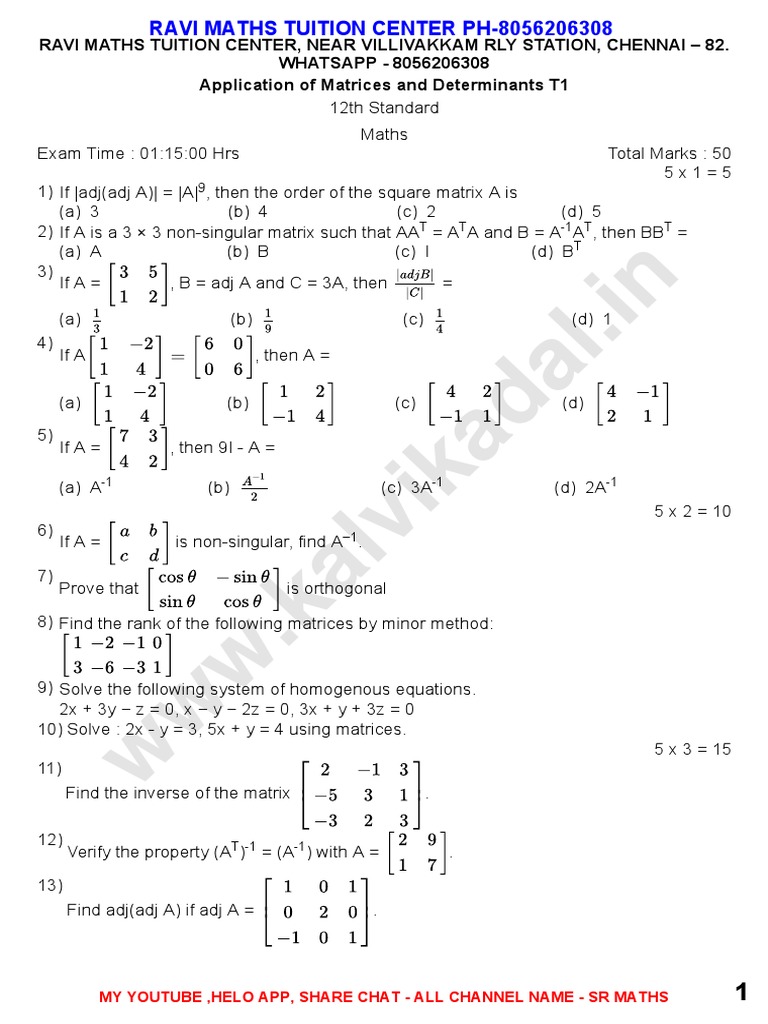 12th Standard Maths Exam Guide | PDF | Matrix (Mathematics) | System Of ...