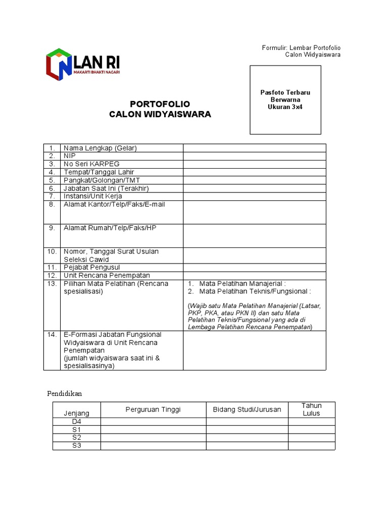 12 Contoh Format Portofolio Calon Widyaiswara | PDF | Karier & Perkembangan