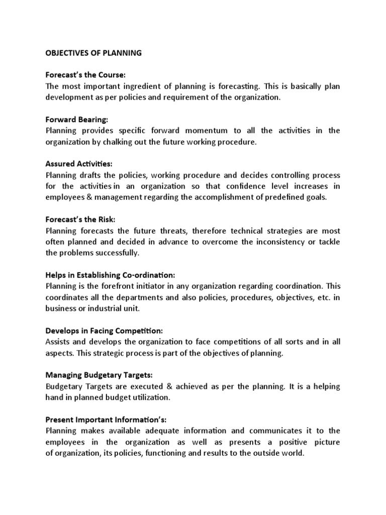 Objectives of Planning & Types of Plans | PDF | Goal | Planning