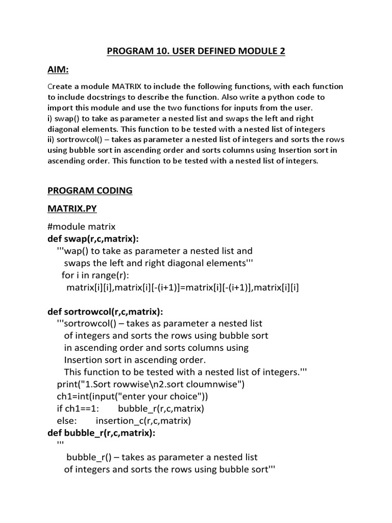 Program 10. User Defined Module 2 Aim | PDF | Matrix (Mathematics ...