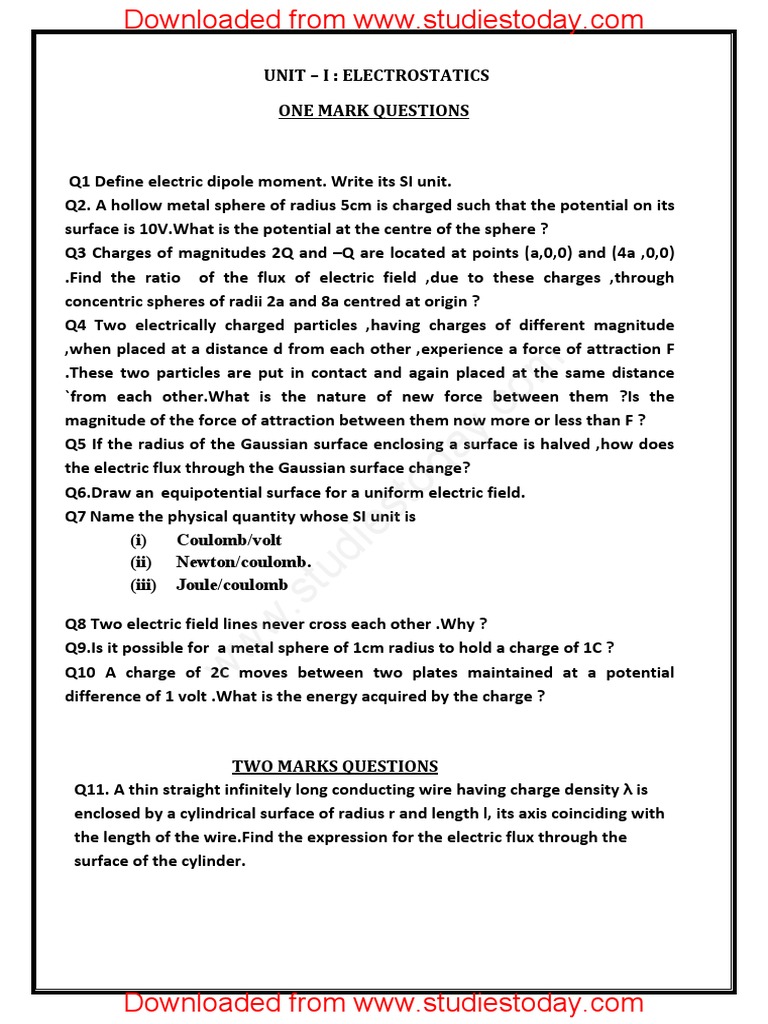 CBSE Class 12 Physics Worksheet - Electrostatistics | PDF | Electric ...