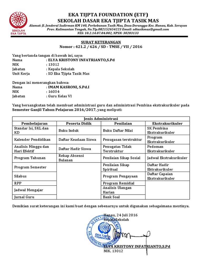 SURAT KETERANGAN KEPSEK Referensi 1 | PDF