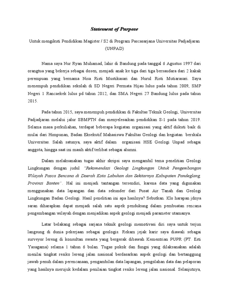 Statement of Purpose - Nur Ryan Muhamad | PDF | Karier & Perkembangan ...