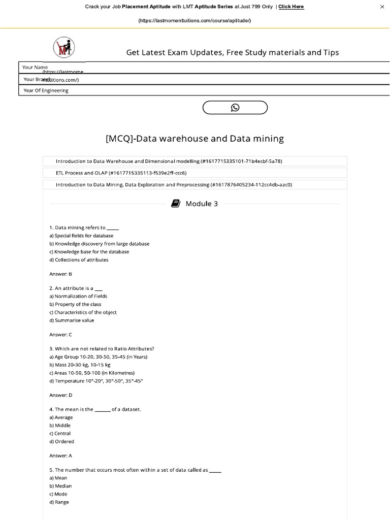 (MCQ) - Data Warehouse and Data Mining - LMT3 | PDF