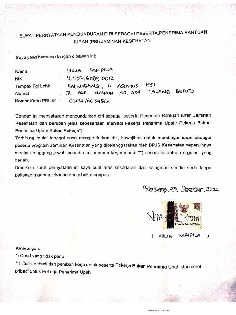 Surat Pengunduran Diri PBI Jaminan Kesehatan | PDF