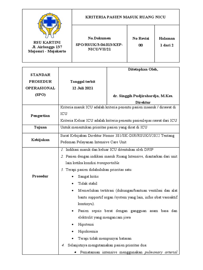 Spo Kriteria Nicu | PDF