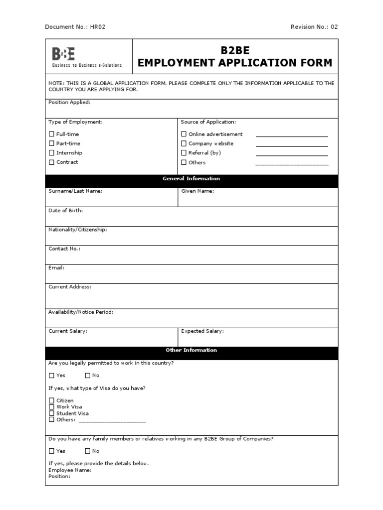 HR02 B2BE Employment Application Form | PDF | Travel Visa | Employment