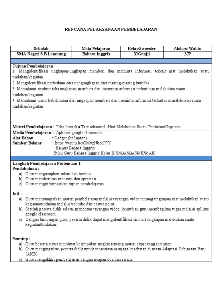 RPP Bing Kelas X | PDF