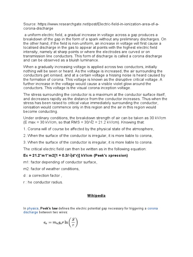 Peek's Law and Corona Discharge Formula | PDF | Applied And ...