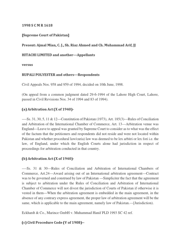 1998 SCMR 1618 | PDF | Arbitration | Arbitral Tribunal