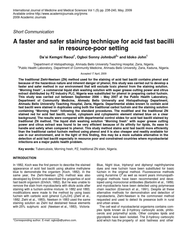 A Faster and Safer Staining Technique for Acid Fast Bacilli | Staining ...