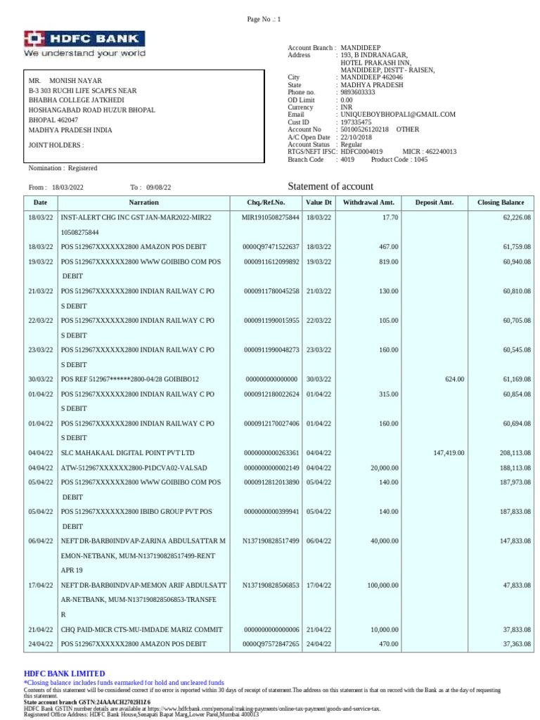 HDFC Bank Statement 09-08-2022 | Download Free PDF | Debit Card ...
