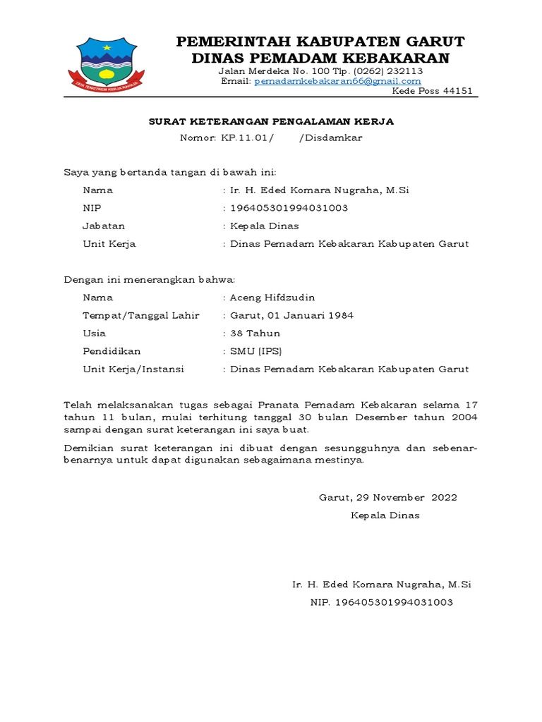 Surat Keterangan Kerja Dinas 01 | PDF