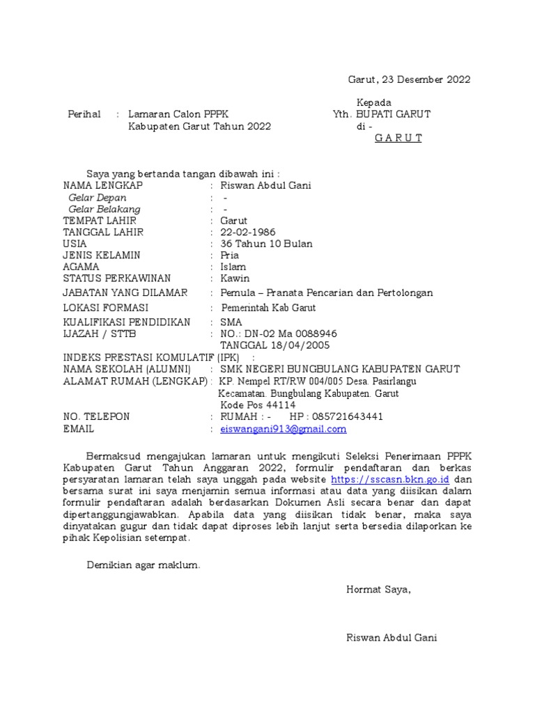 Surat Lamaran Riswan A | PDF