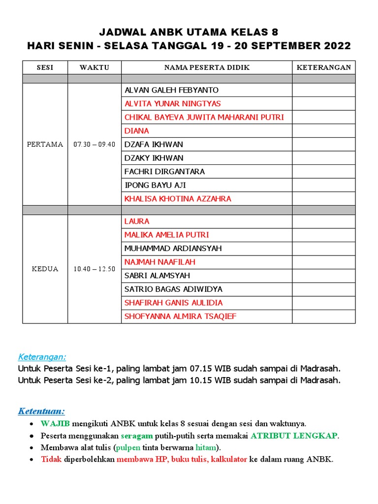 Jadwal Gladi Bersih Anbk Kelas 8 | PDF