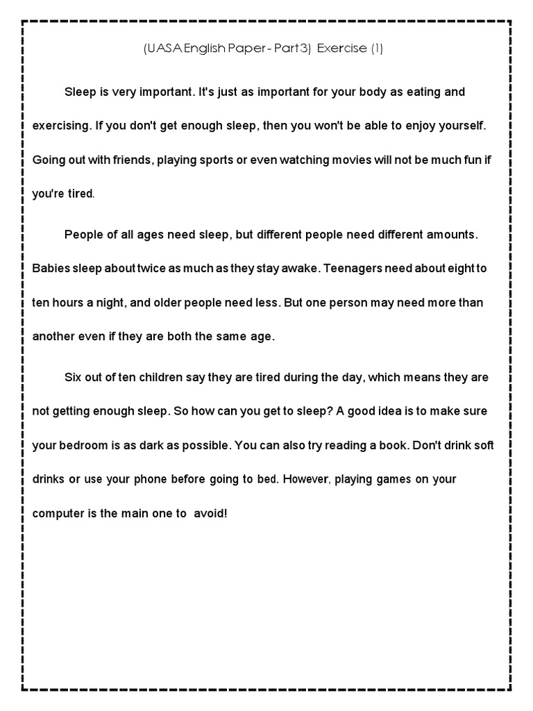 UASA English (Part 3) Model Questions 31.12.2022 | PDF | Sleep | Food ...