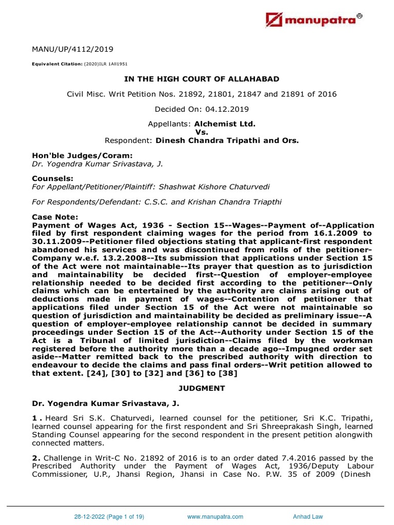 Alchemist LTD Vs Dinesh Chandra Tripathi and Ors 0UP2019170120155449324COM901174 | PDF ...