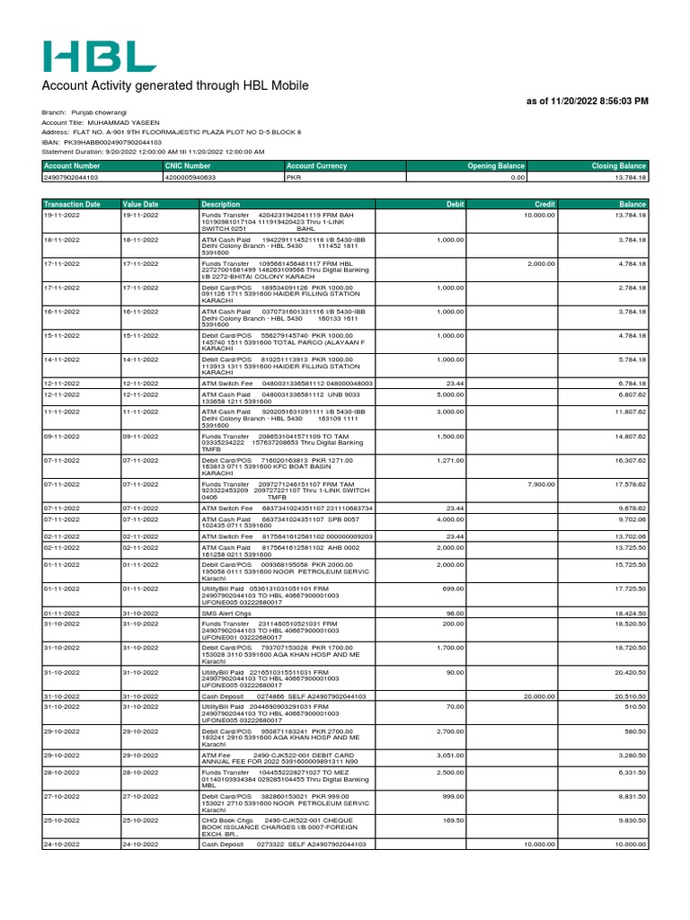 Account Statement 20-11-2022T20 56 03 | PDF | Debit Card | Automated Teller Machine
