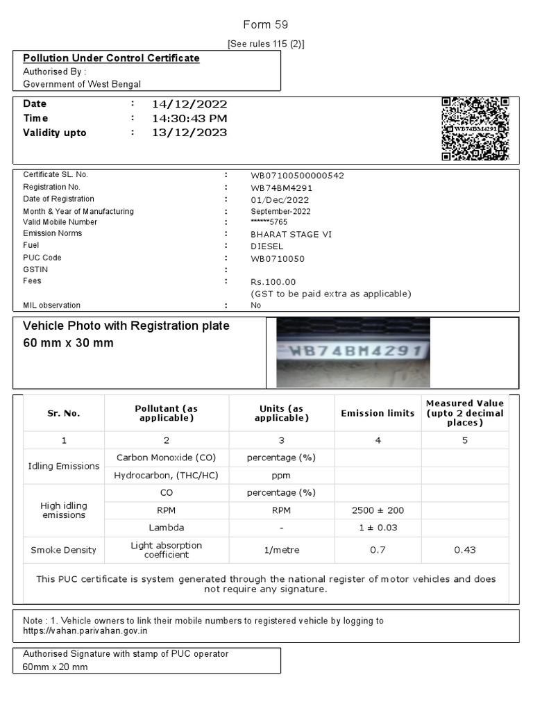 Pollution Under Control Certificate: Form 59 | PDF | Exhaust Gas ...