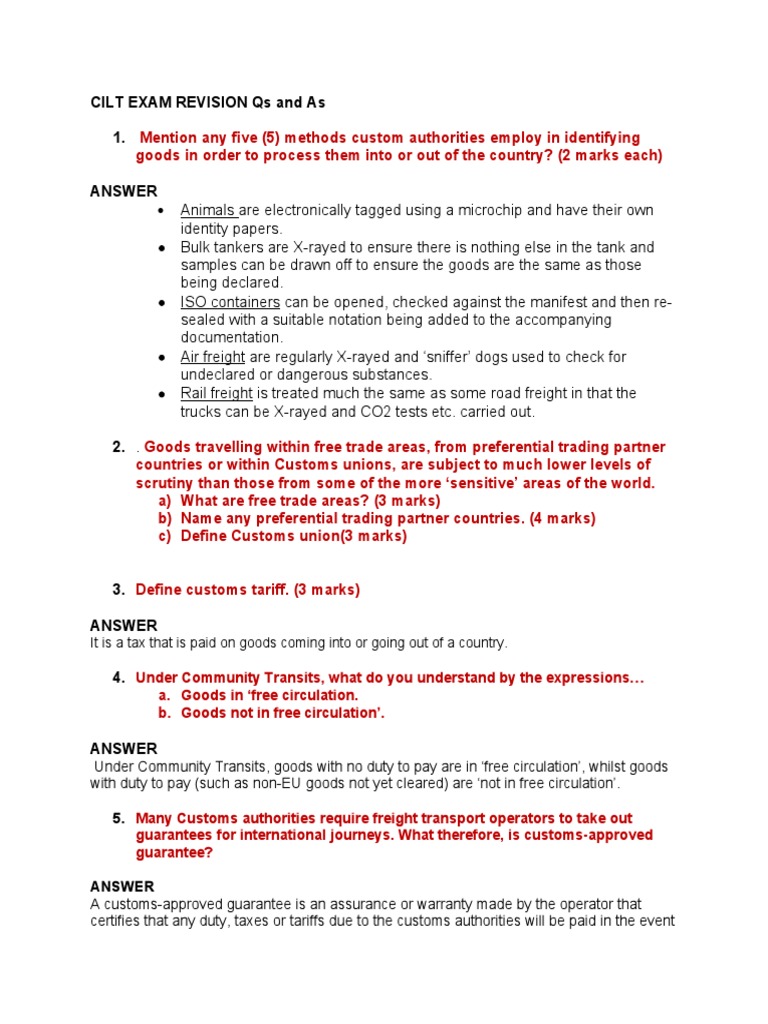CILT Exam Revision: Customs Procedures | PDF | Customs | Trade