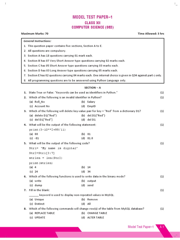 Class 12 Computer Science Model Test 1 | PDF | Databases | Computer ...