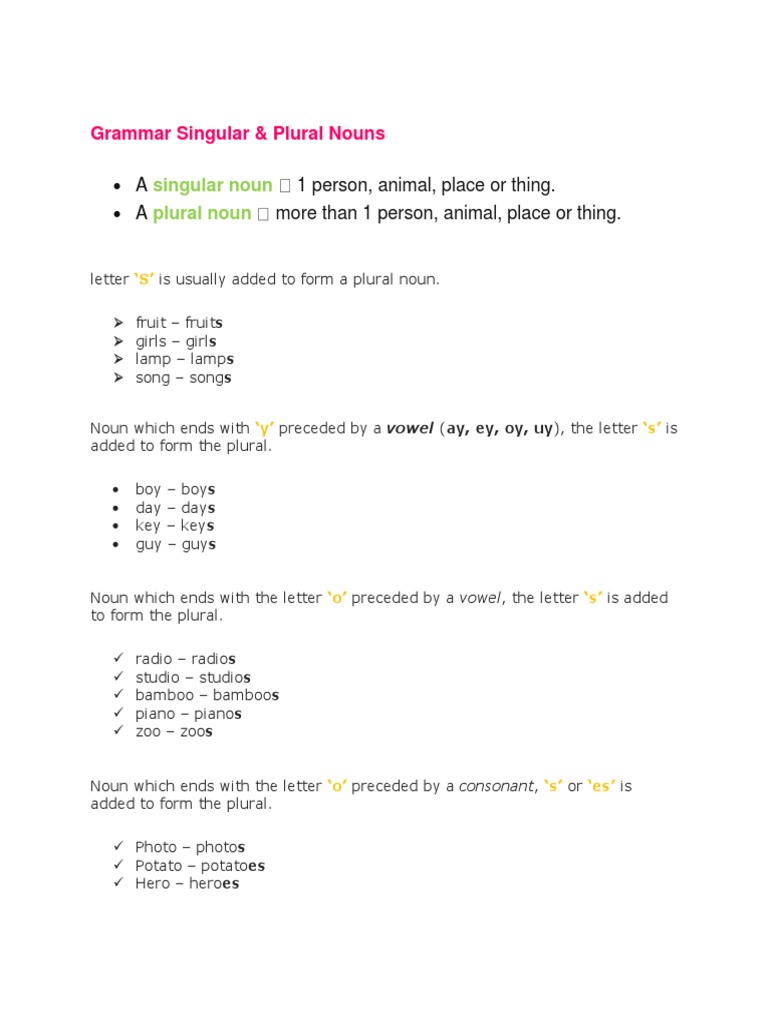 Nota Grammar Singular Plural Nouns | PDF