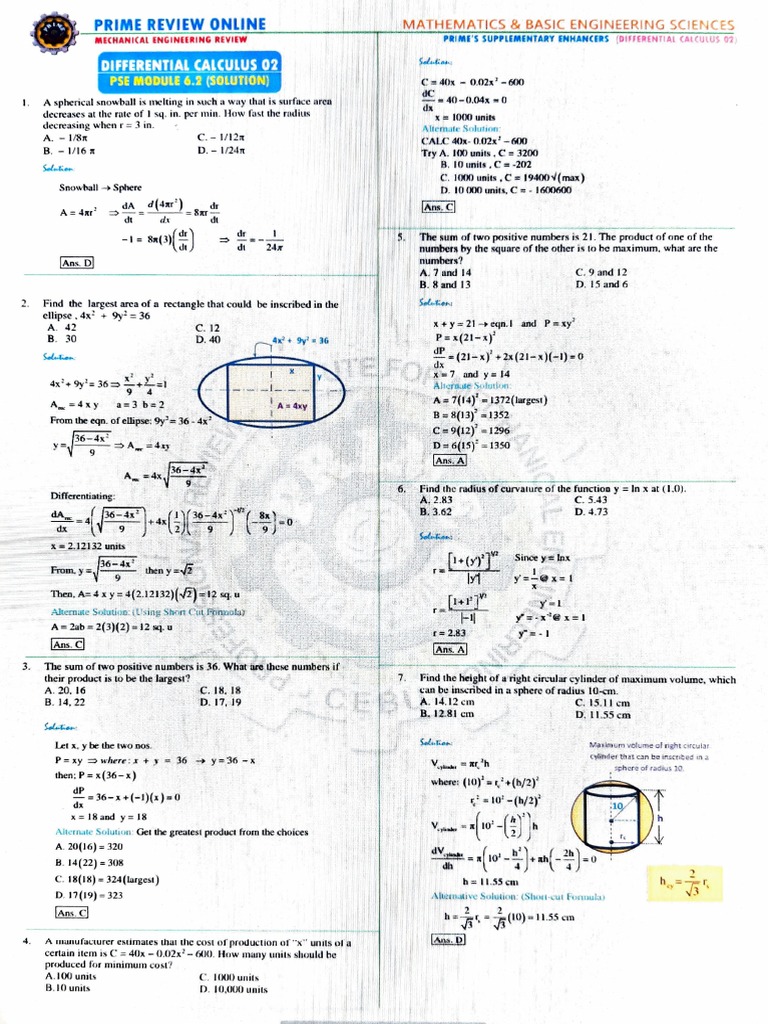 Differential Calculus Problem Solutions | PDF | Volume | Area