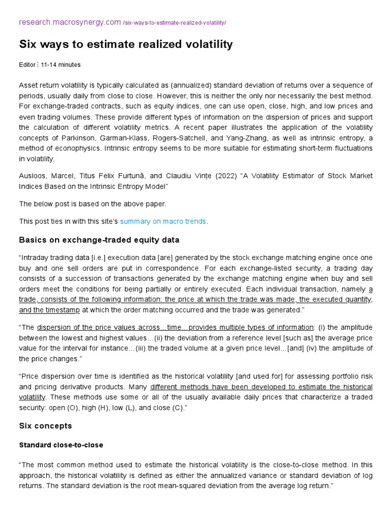 Six Ways To Estimate Realized Volatility | PDF | Volatility (Finance) | Mean Squared Error