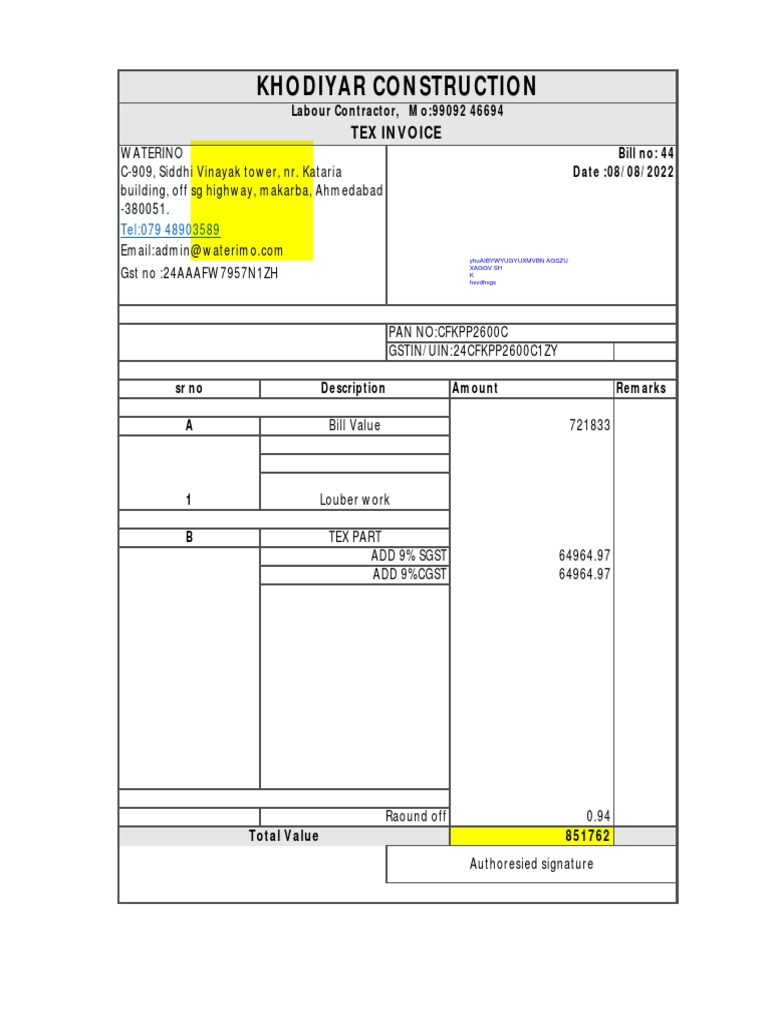 Khodiyar Construction: Tex Invoice | PDF