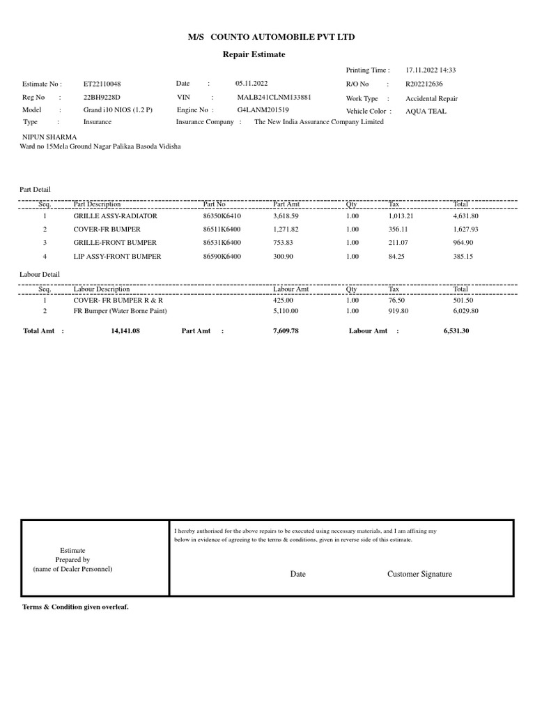 M/S Counto Automobile Pvt Ltd Repair Estimate for Customer Nipun Sharma ...