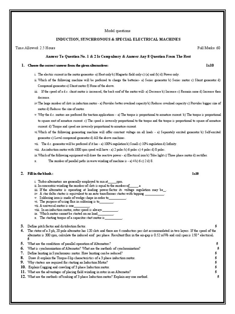 Model Questions of INDUCTION, SYNCHRONOUS & SPECIAL ELECTRICAL MACHINES | PDF | Electric Motor ...