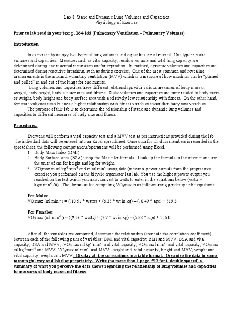 Lab 8. Static and Dynamic Lung Volumes and Capacities-1 | PDF | Lung ...