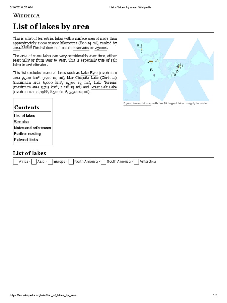 List of Lakes by Area - Wikipedia | PDF | Lake | Physical Geography