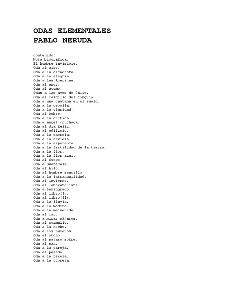 Odas Elementales de Pablo Neruda | PDF | Chile | Naturaleza