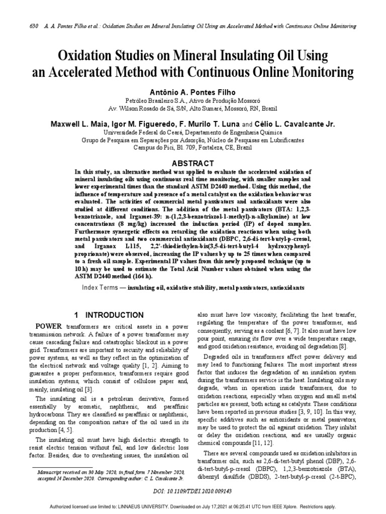 Oxidation Studies On Mineral Insulating Oil Using An Accelerated Method With Continuous Online ...