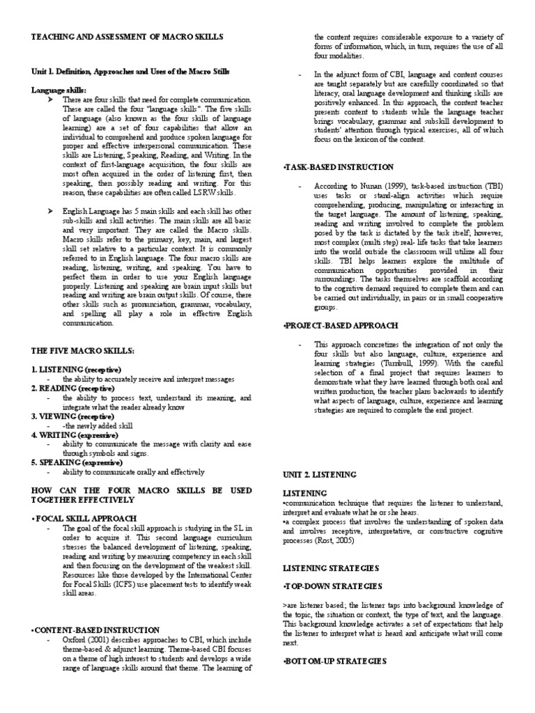 TEACHING AND ASSESSMENT OF MACRO SKILLS Reviewer | PDF | Teaching ...