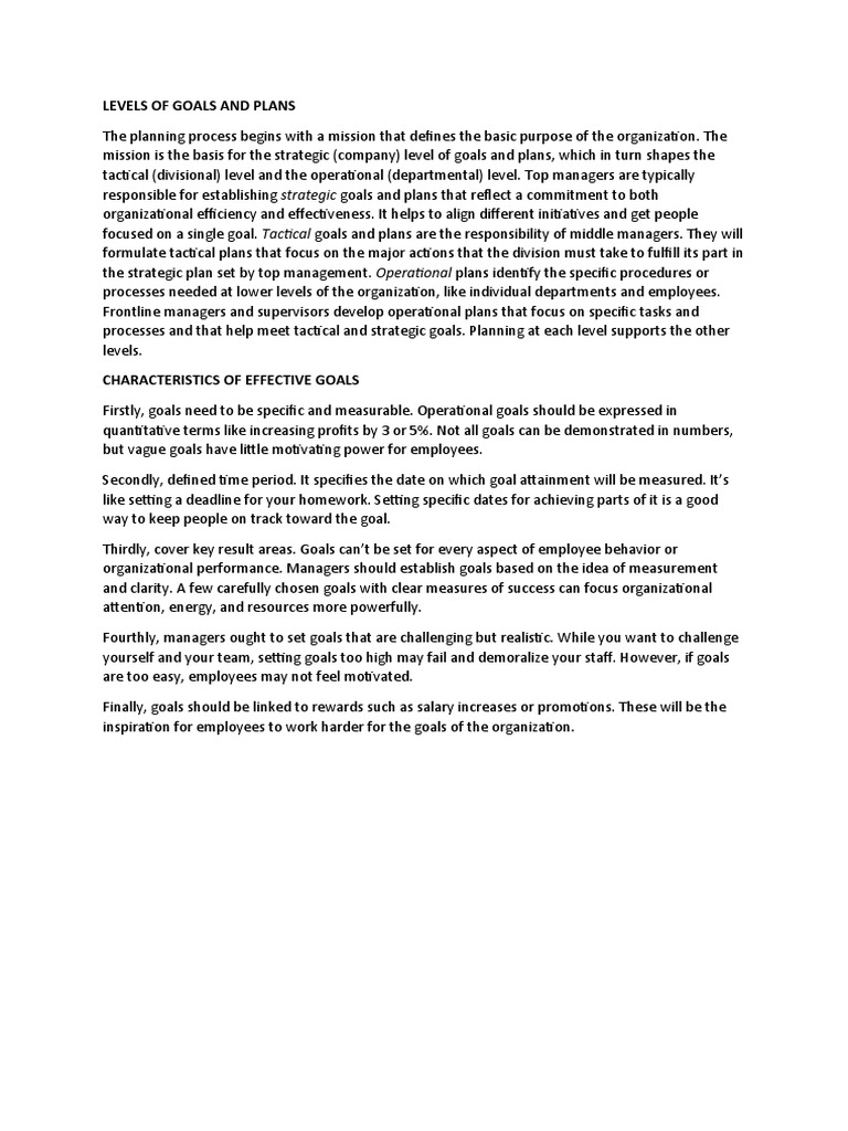 LEVELS OF GOALS AND PLANS (Management) | PDF | Goal | Organizational ...