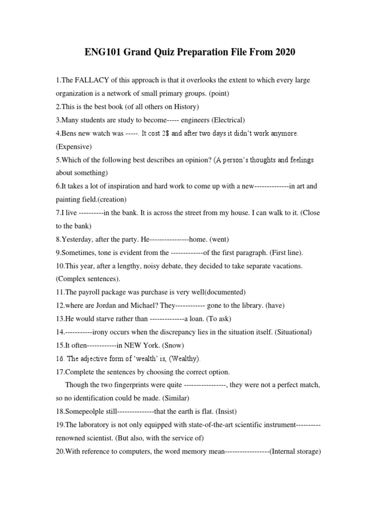 ENG101 2020 Quiz Study Guide | PDF | Cognitive Science | Language Mechanics