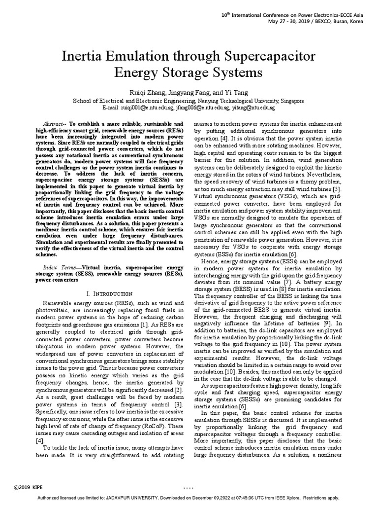 Inertia Emulation Through Supercapacitor Energy Storage Systems | PDF | Electrical Grid | Capacitor
