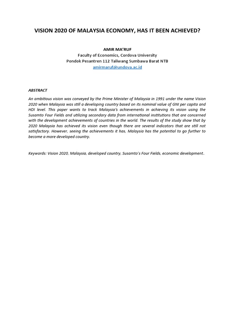 Vision 2020 of Malaysia Economy | PDF | Developing Country | Human ...