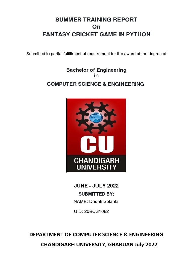 Fantasy Cricket Game Using Python Report (20BCS1062) | PDF | Python ...